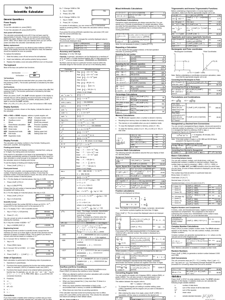 HP 9s Scientific Calculator Manual | PDF | Sine | Logarithm