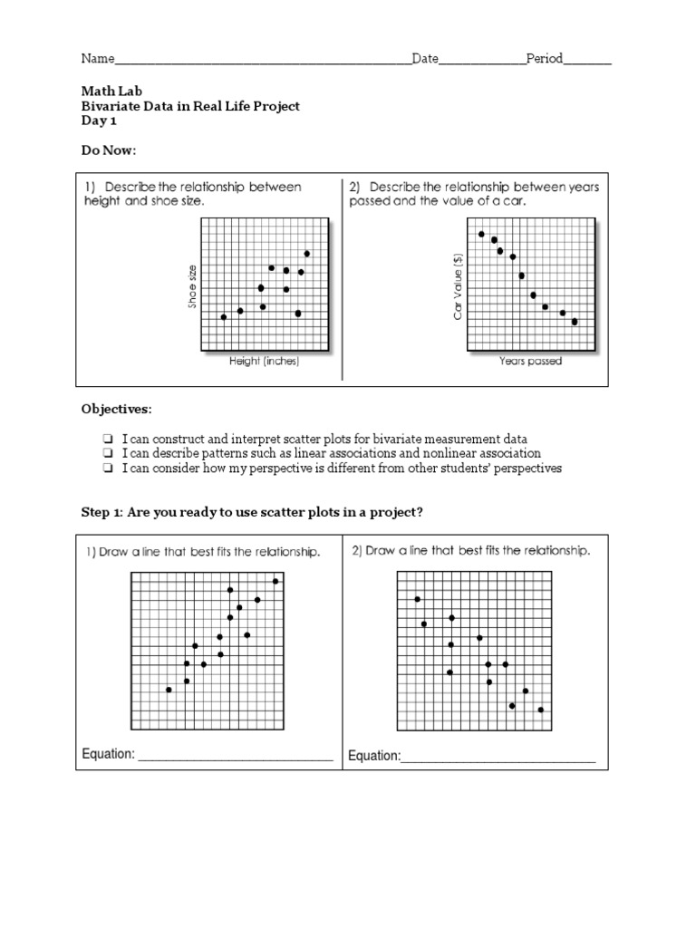 Math Lab Bivariate Data in Real Life Project Day 1 Do Now | PDF ...