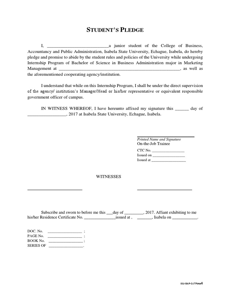 Student's Pledge OJT 2017 | PDF