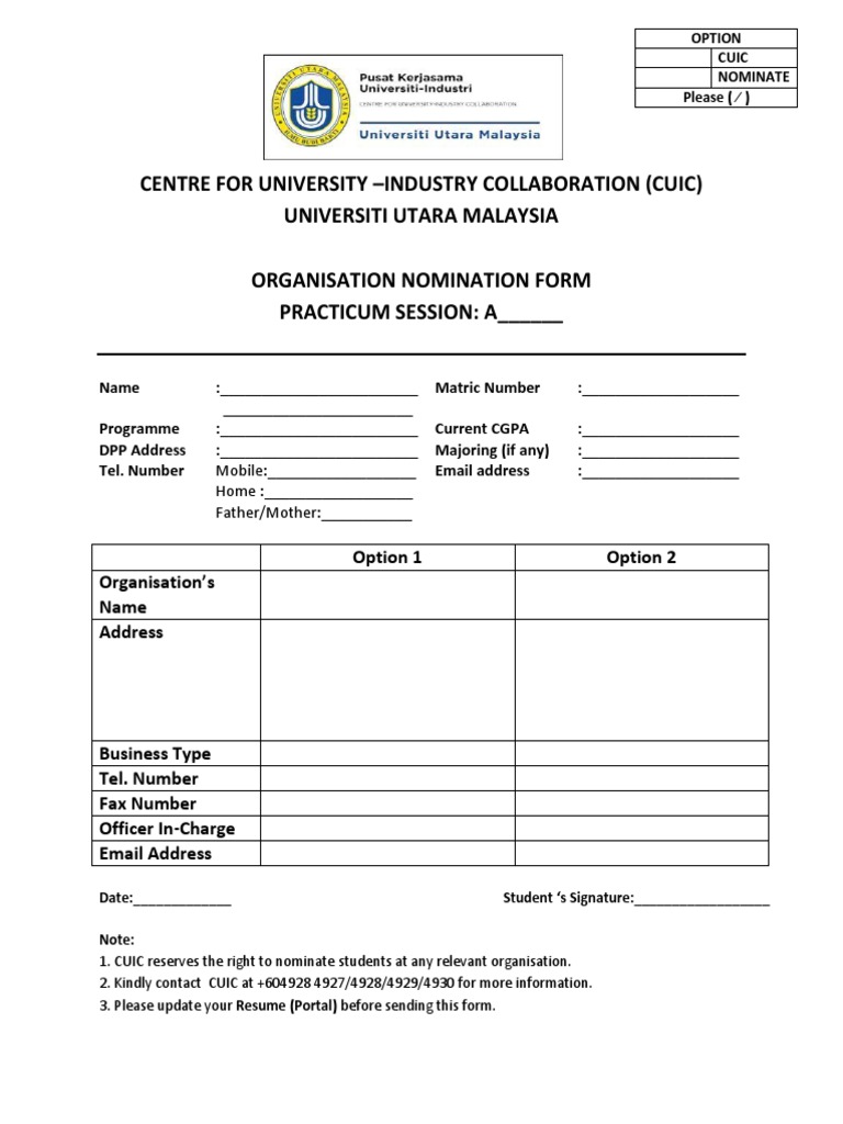 CUIC Practicum Organisation Nomination Form | PDF | Cyberspace ...
