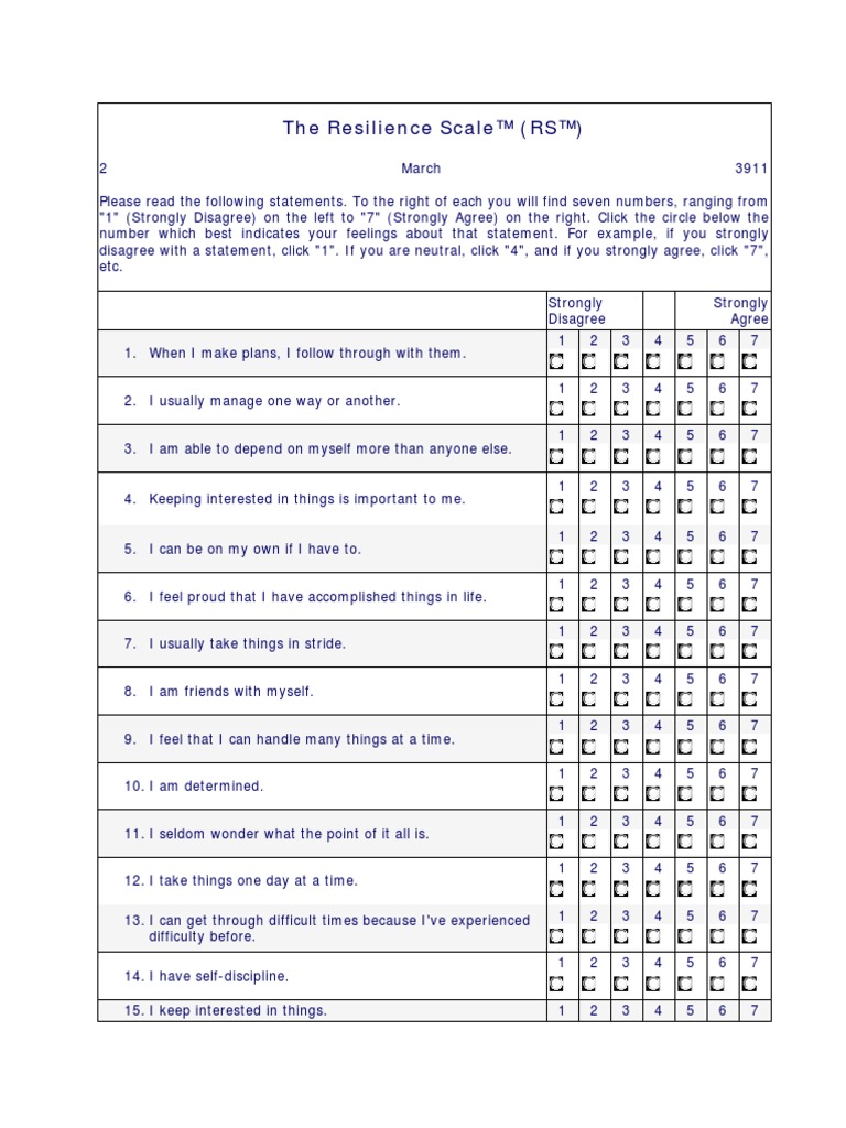 The Resilience Scale (Wagnild & Young)_0 (2) | Psychology & Cognitive ...