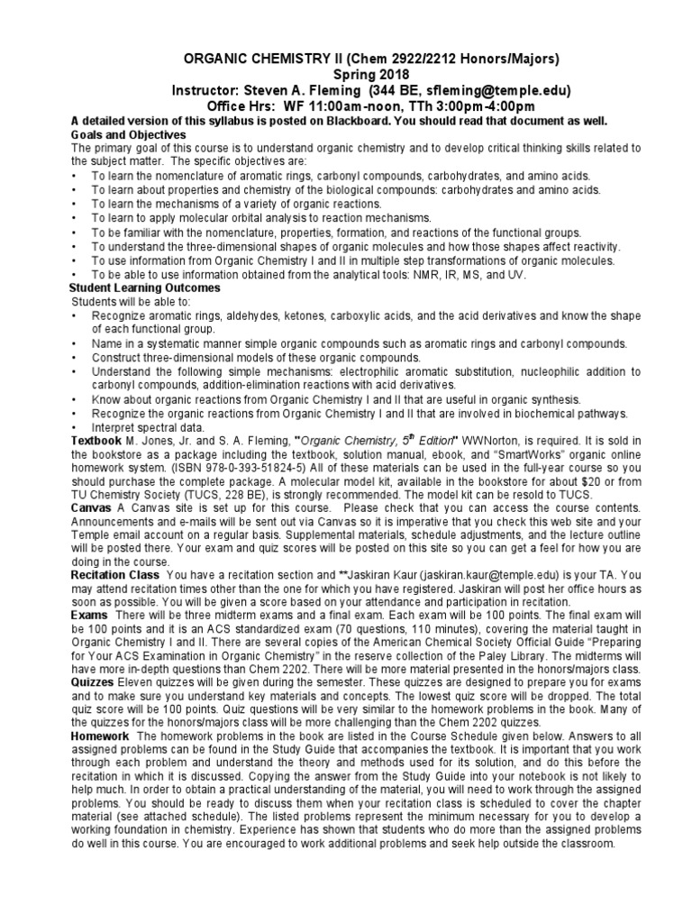 Orgo II Syllabus | PDF | Organic Chemistry | Chemistry