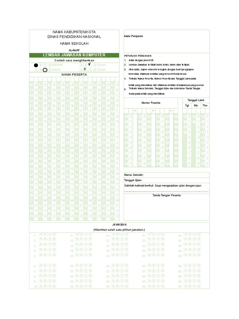 Contoh LJK (Lembar Jawaban Komputer SD SMP Sma) | PDF