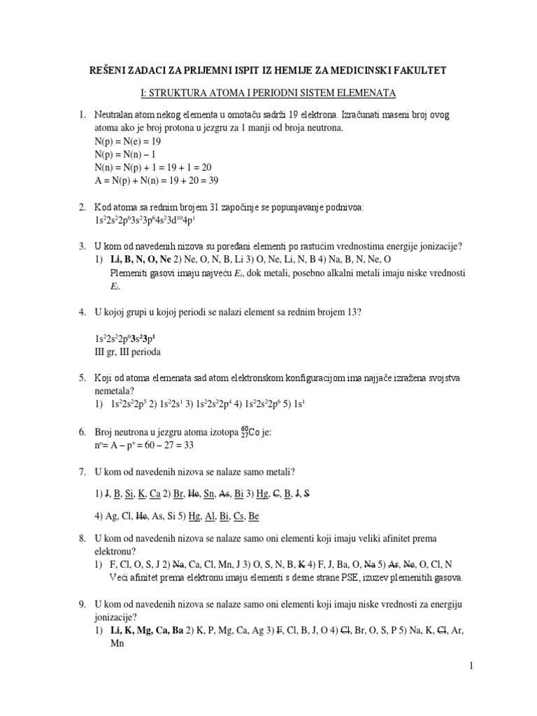 Rešeni Zadaci Za Prijemni Ispit Iz Hemije Za Medicinski Fakultet | PDF