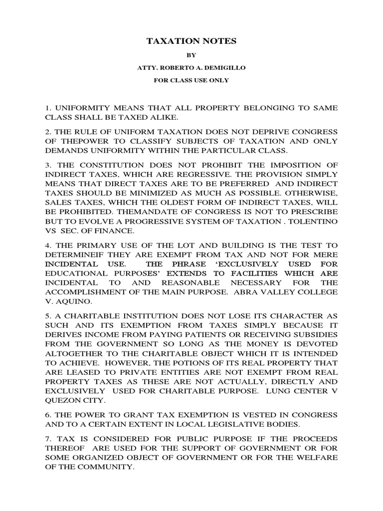 Taxation Notes: BY Atty. Roberto A. Demigillo For Class Use Only | PDF ...