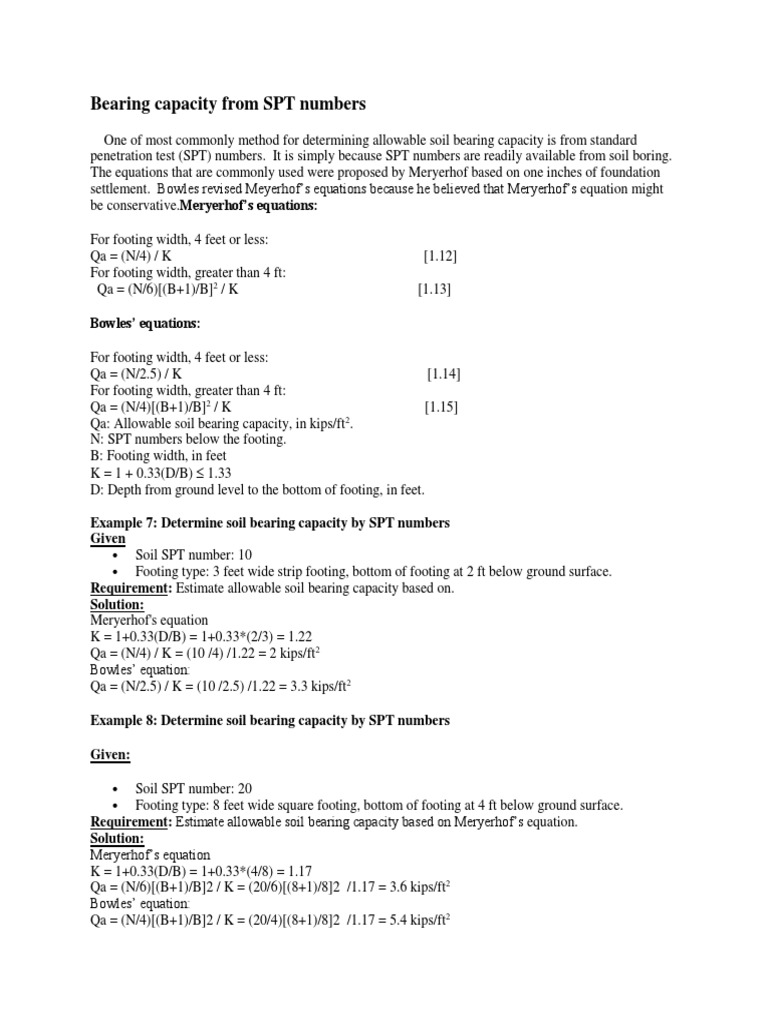 Bearing Capacity From SPT Numbers | PDF
