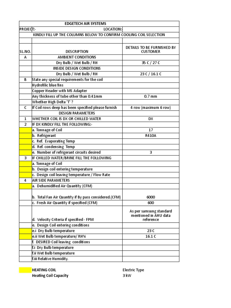 Coil Selection Format | PDF | Relative Humidity | Hvac