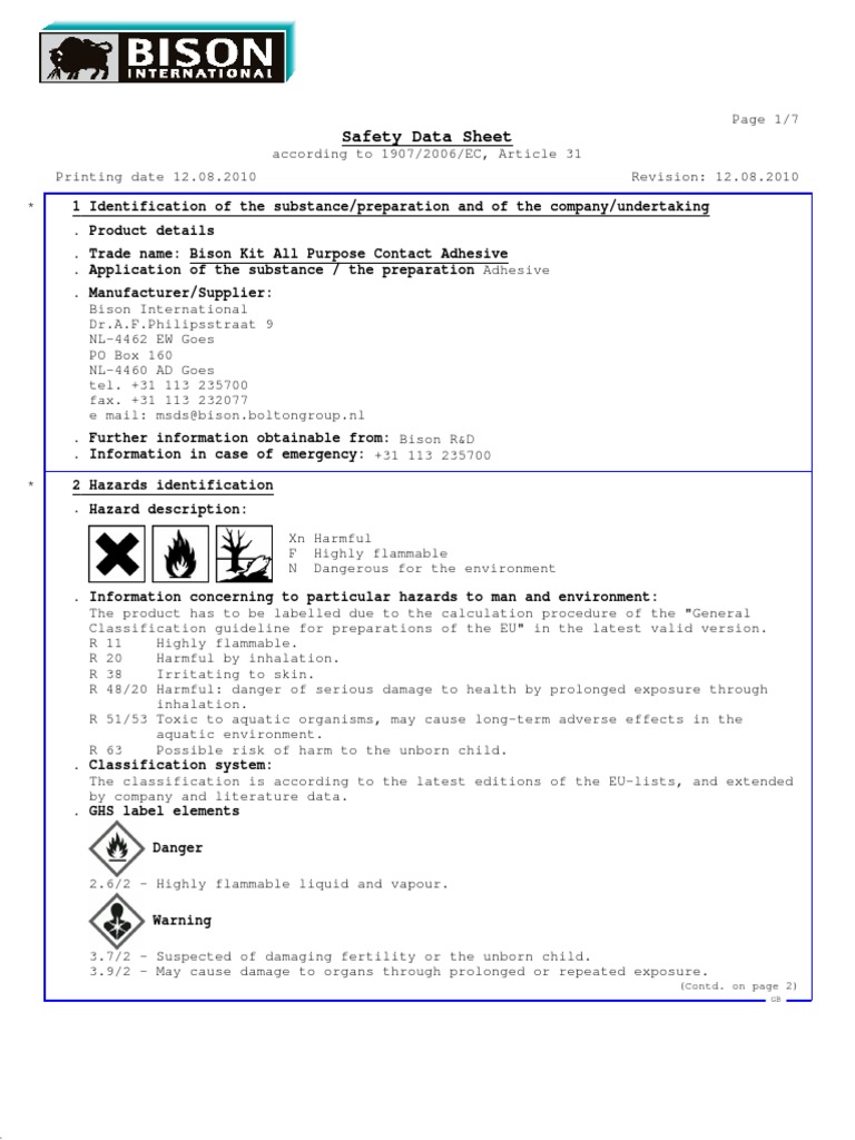 Bison Kit MSDS | PDF | Toxicity | Dangerous Goods