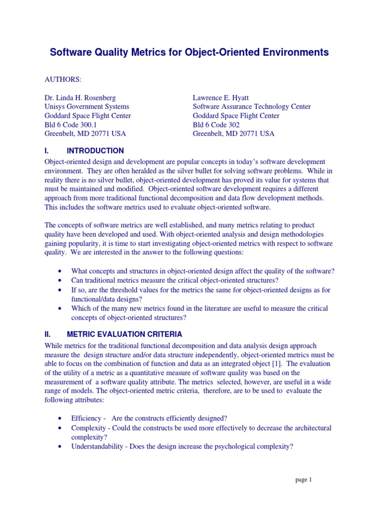 Software Quality Metrics For Object Oriented Environments Pdf Inheritance Object Oriented