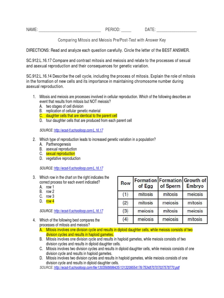 Mitosis And Meiosis Compare And Contrast Stages