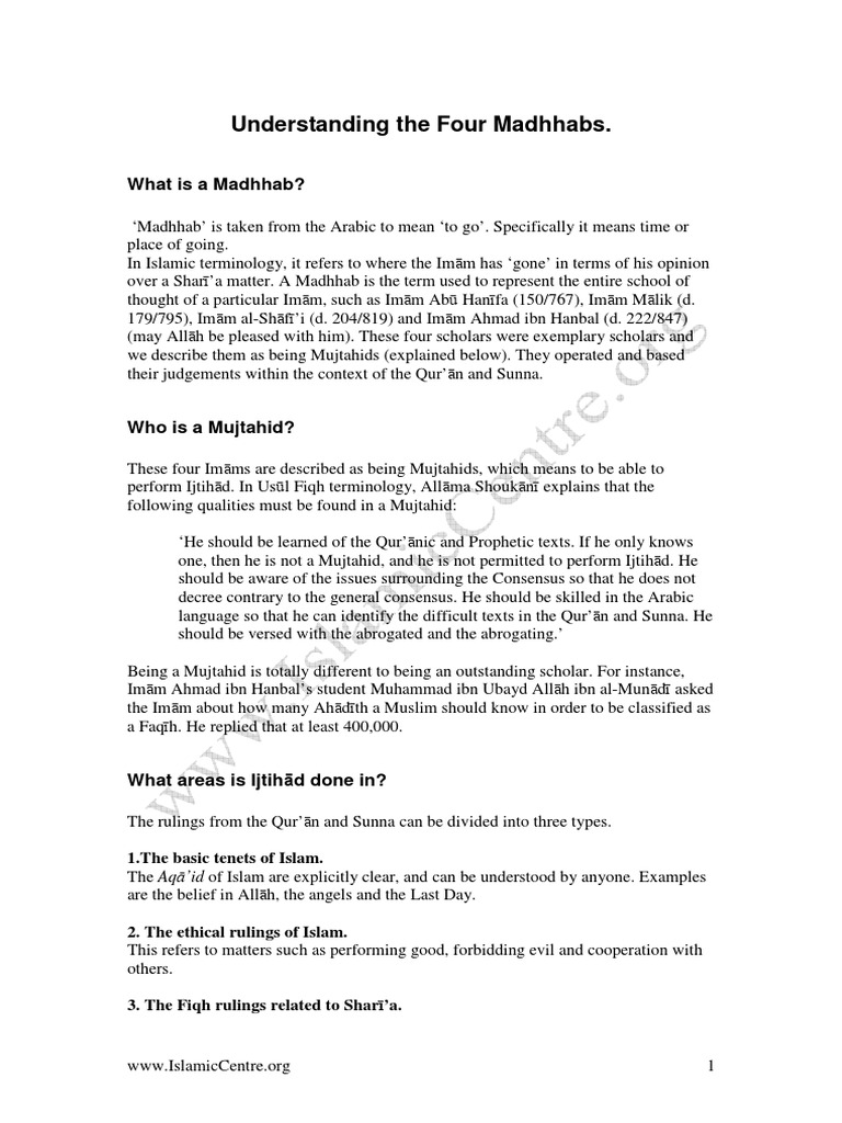 Understanding The Four Madhhabs (IslamicCentre) | PDF | Hadith | Quran