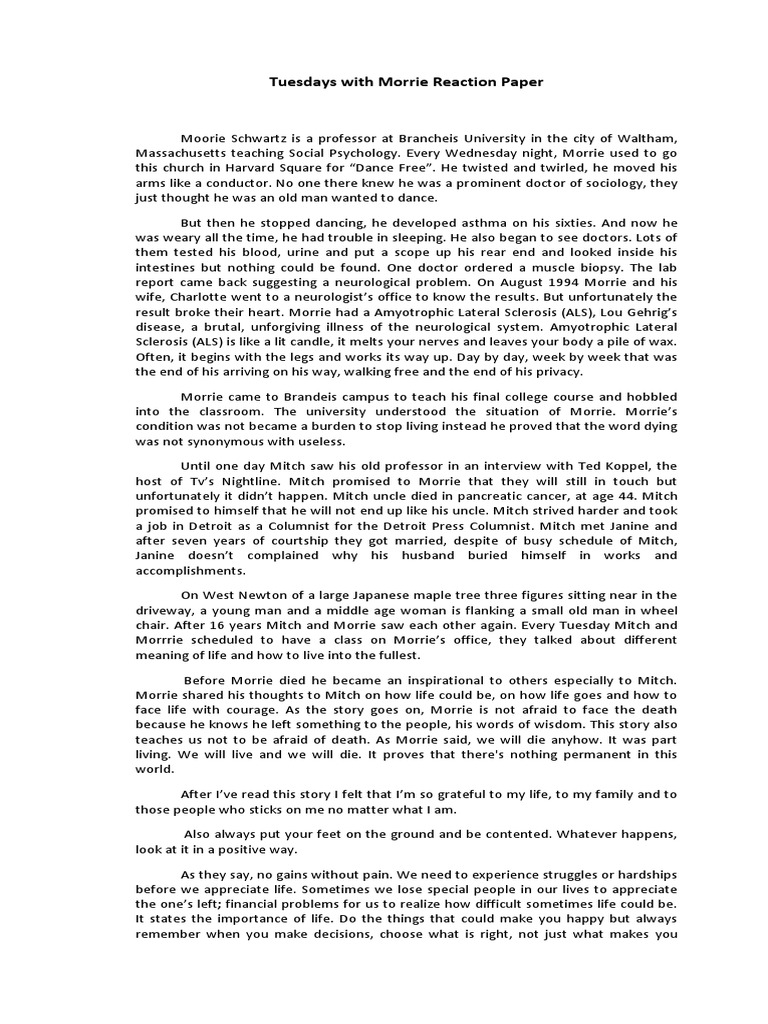 Tuesdays With Morrie Reaction Paper | PDF | Fictional Universes | Harry ...