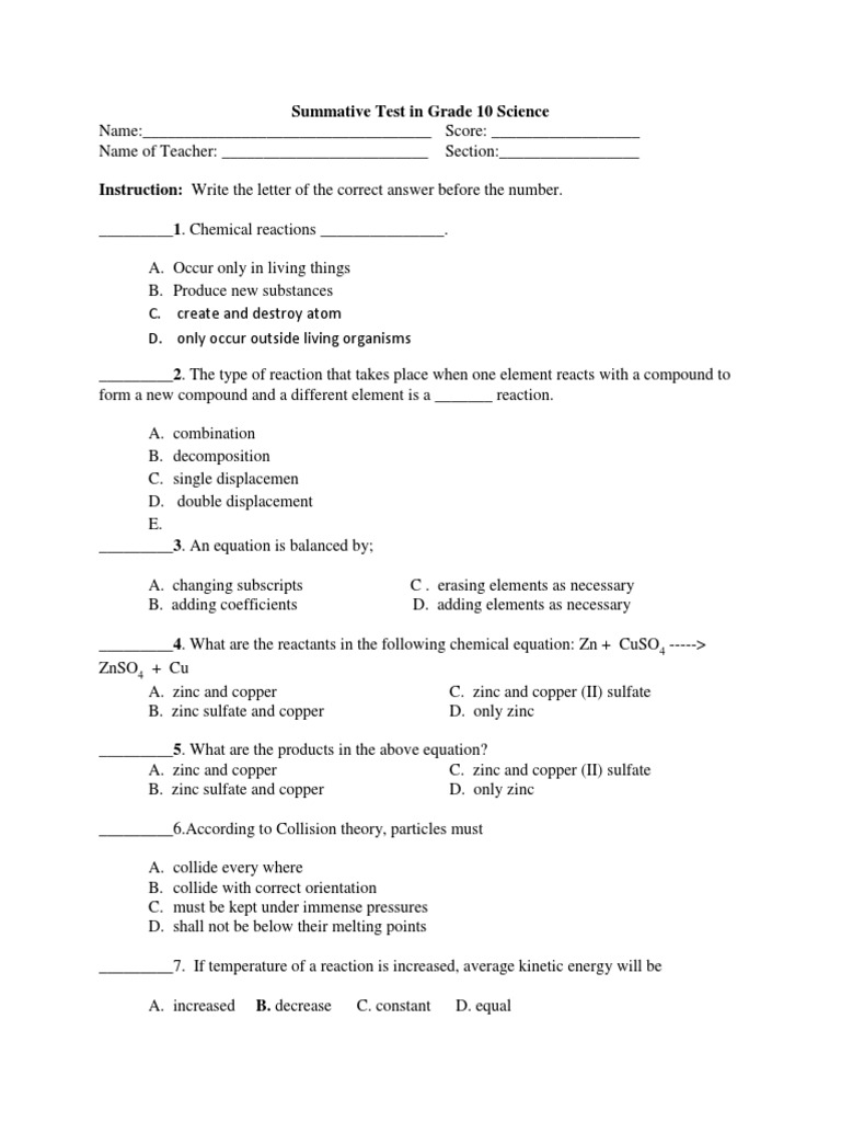 Grade 10 Science: Chemical Reactions Test | PDF | Chemical Reactions ...