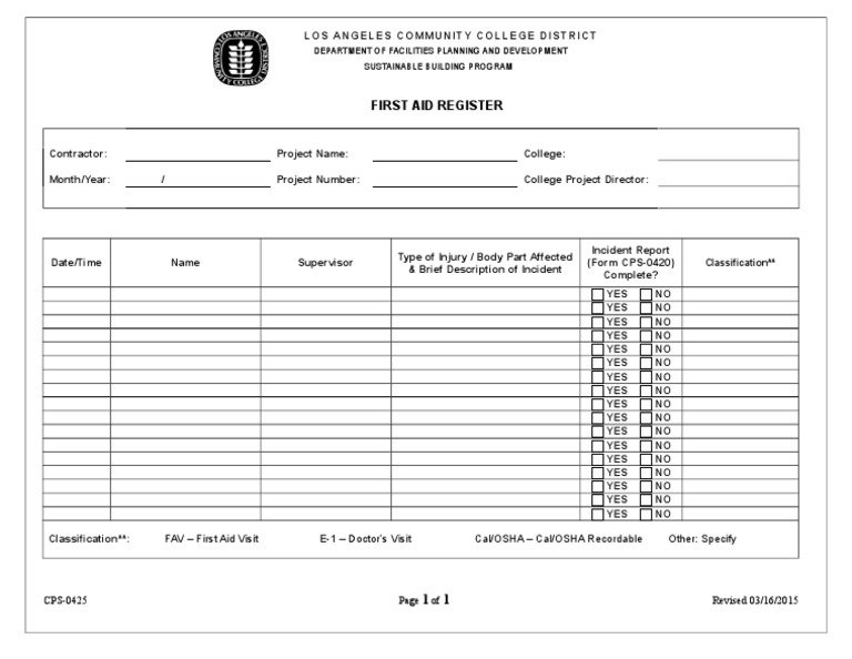 Cps 0425 First Aid Register | PDF | Traumatology | Medicine