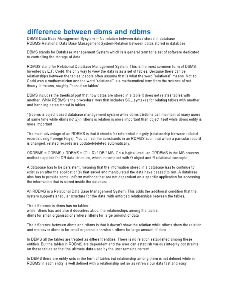 DBMS vs RDBMS: Key Differences Explained | PDF | Relational Database | Databases