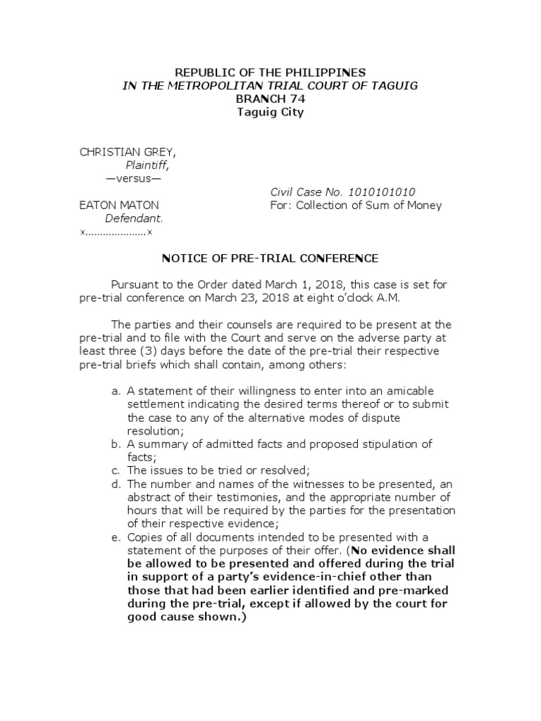 Notice of Pre-Trial Conference | PDF | Lawsuit | Judiciaries