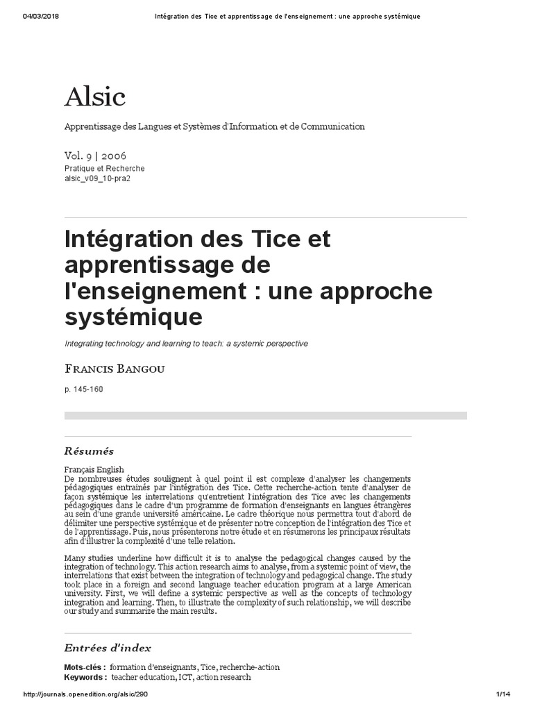 Intégration Des Tice Et Apprentissage de L'enseignement - Une Approche ... Intégration Des Tice Et Apprentissage de L'enseignement - Une Approche ...