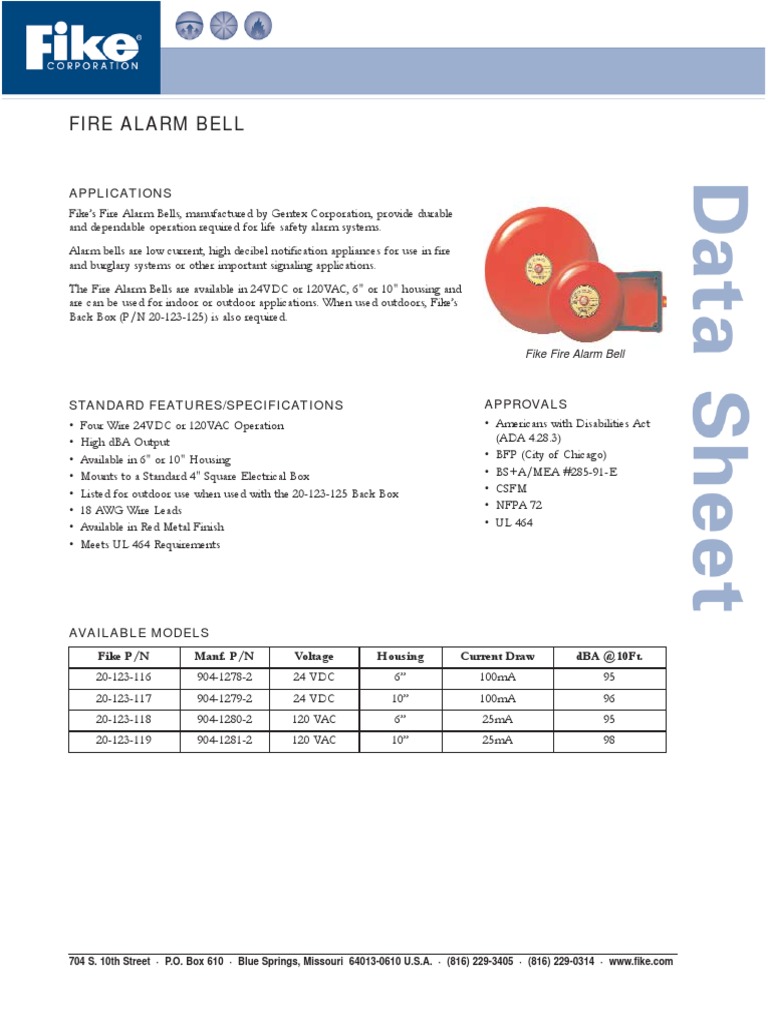 Fike Cooperation Fire Bell TDS | PDF | Electrical Engineering ...