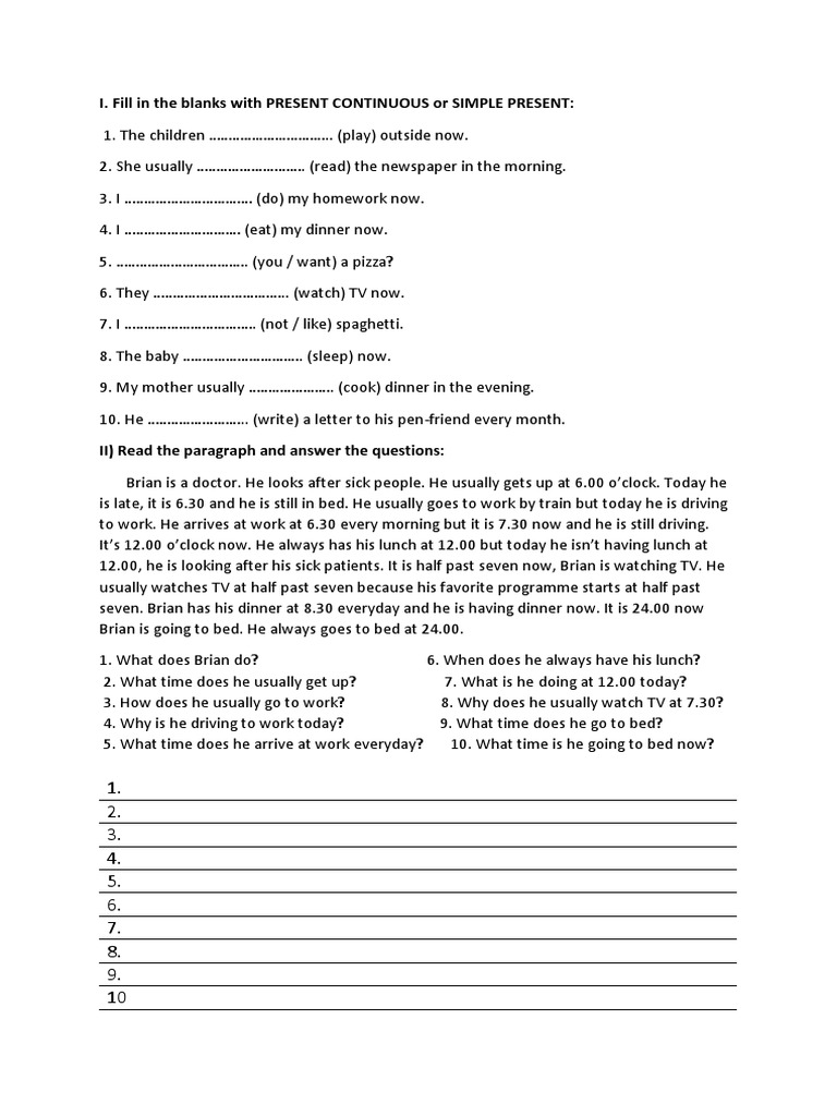 I. Fill in The Blanks With PRESENT CONTINUOUS or SIMPLE PRESENT | PDF ...