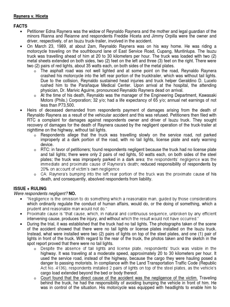 Raynera v. Hiceta Facts: Were Respondents Negligent? NO | PDF | Truck ...