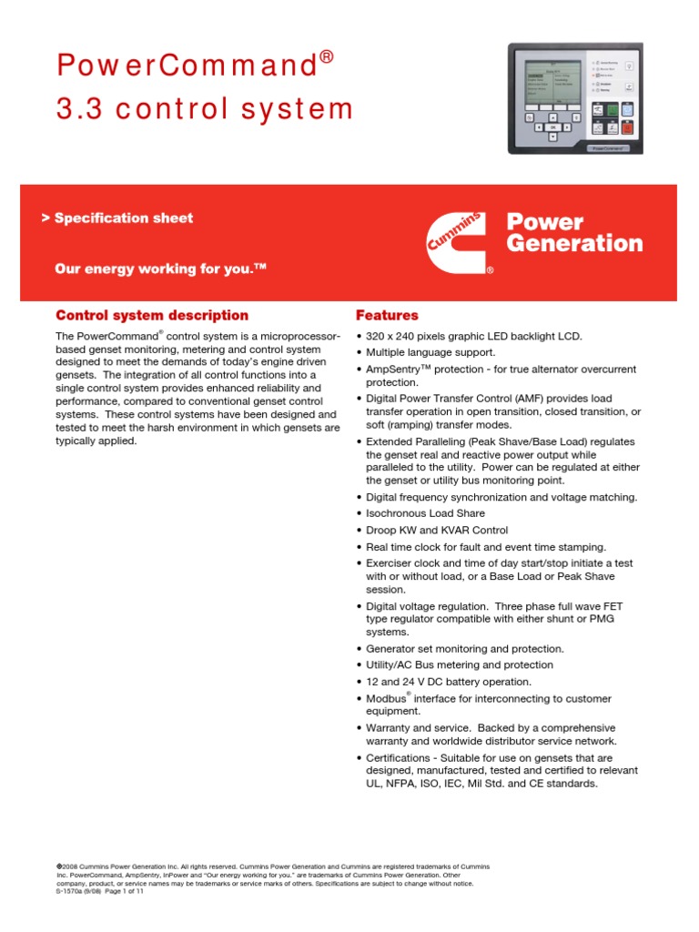3.2 Powercommand 3.3 Spec Sheet S-1570 | PDF | Ac Power | Relay