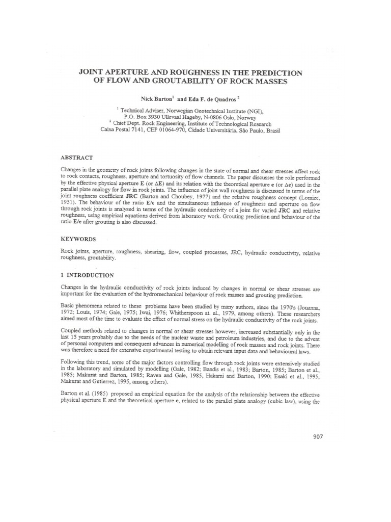 Barton and Quadros - Joint Aperture and Roughness, Flow and ...