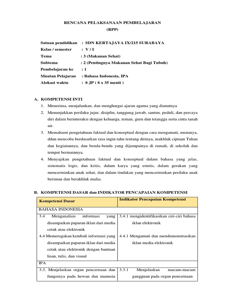 RPP SD Kelas 5 Revisi 2017 | PDF