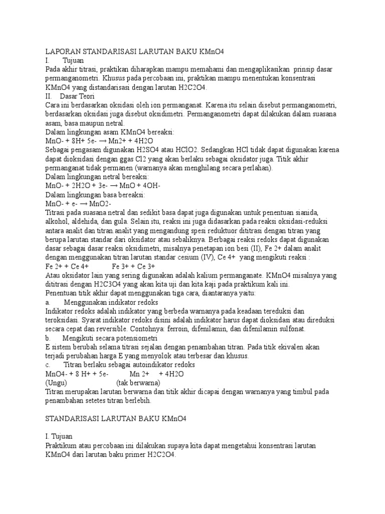 Laporan Standarisasi Larutan Baku Kmno4 | PDF