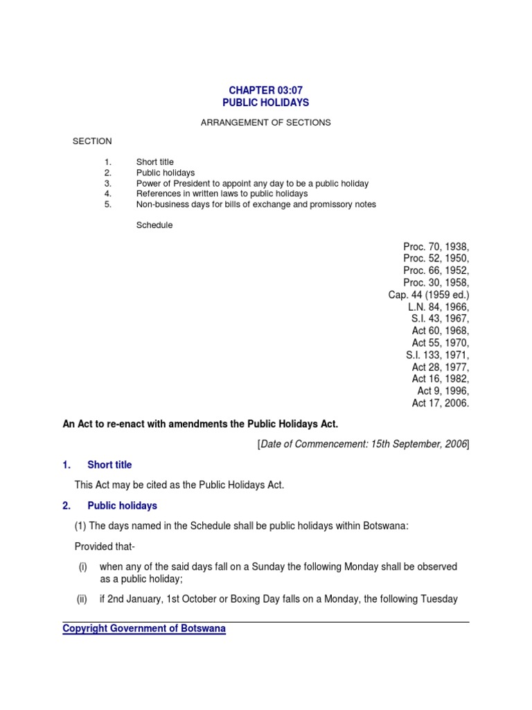 Public Holidays Act | PDF | Holidays | Observances