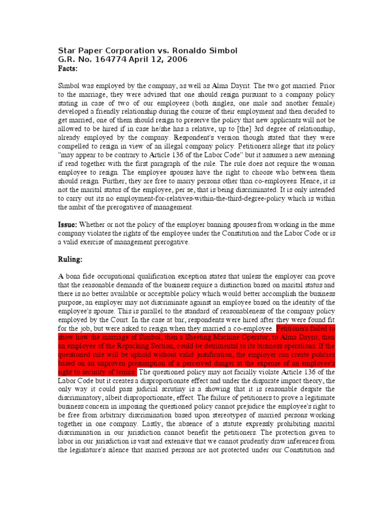 Star Paper Corp. v. Simbol Case Summary | PDF | Disparate Impact ...