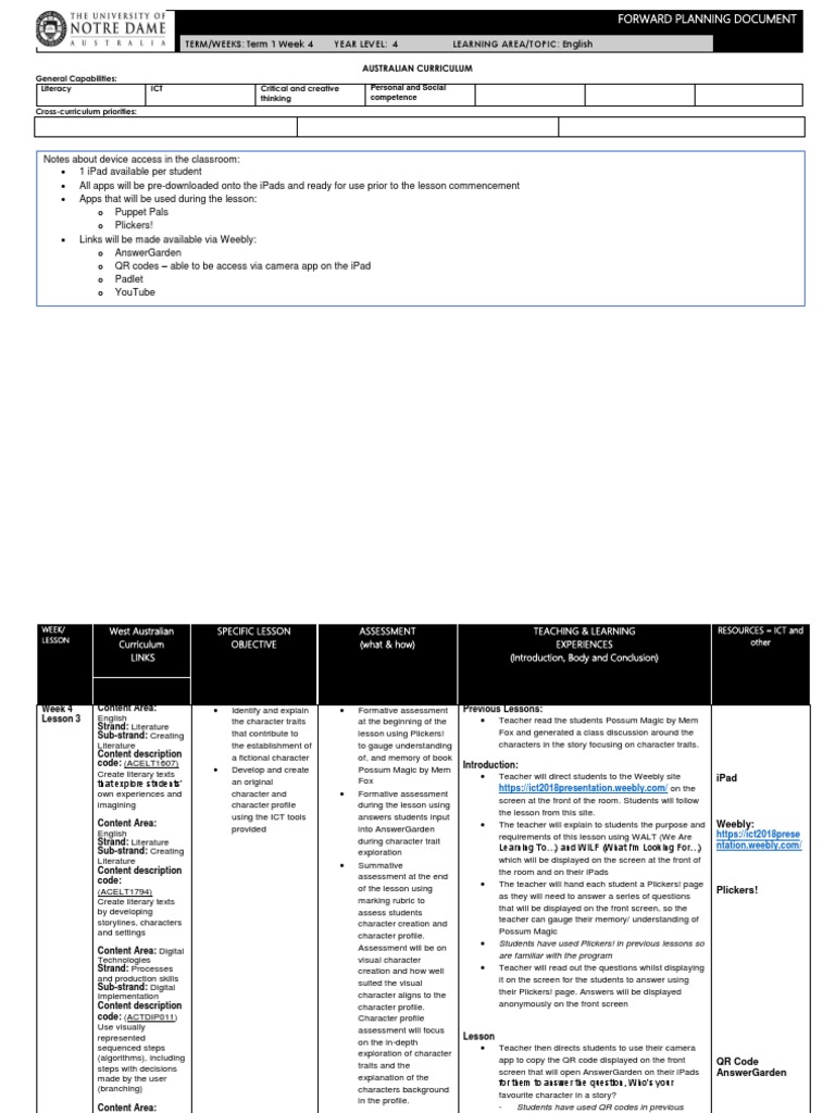 Possum Magic Forward Planning Document | PDF | Educational Technology ...