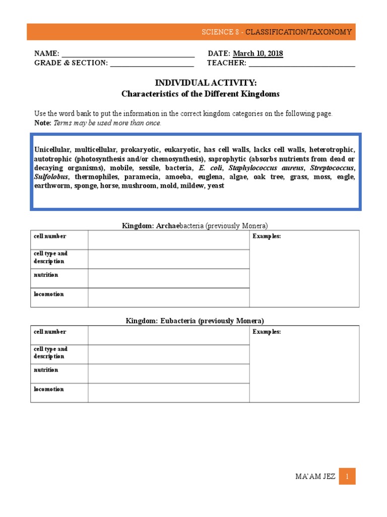 Science 8: Kingdom Classification Activity | PDF