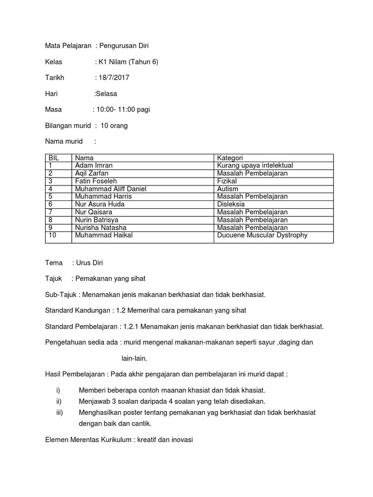 Rancangan Pengajaran Harian Pengurusan Diri | PDF