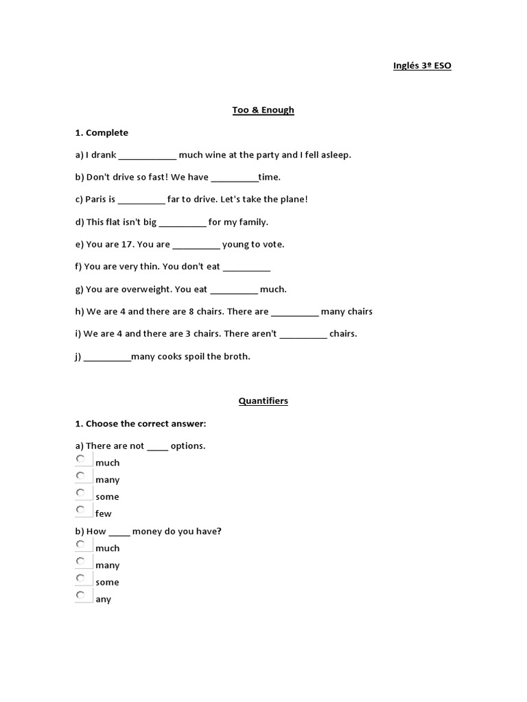 English 3rd ESO: Too & Enough, Quantifiers | PDF