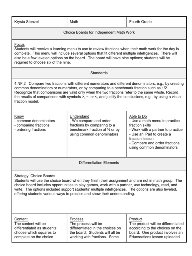 Choice Boards Strategy | PDF | Fraction (Mathematics) | Educational ...