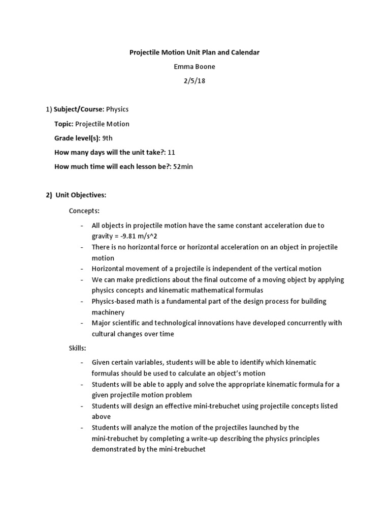 Projectile Unit Plan and Calendar | PDF | Force | Motion (Physics)