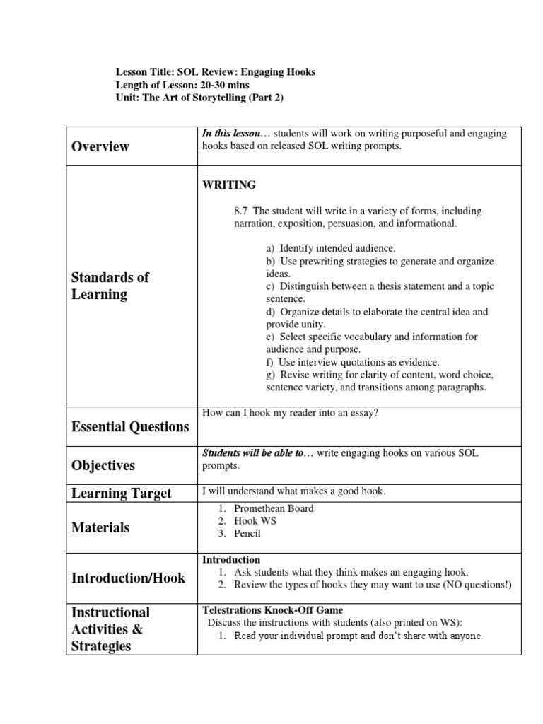 Sol Review Engaging Hooks Lesson Plan | PDF | Pedagogy | Cognition