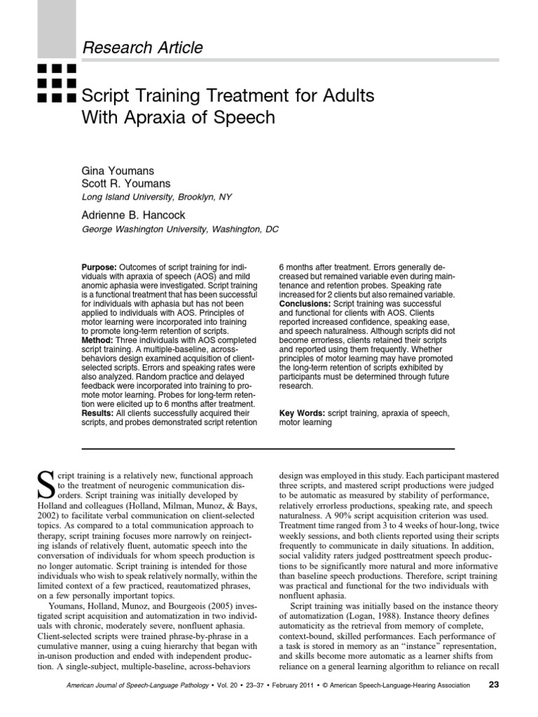 Script Training Treatment For Adults With Apraxia Of Speech Pdf Pdf