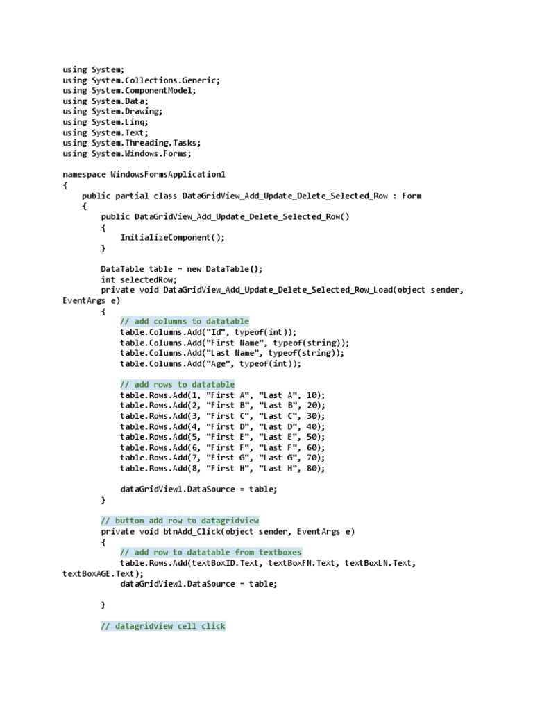 Int Selectedrow : // Add Columns To Datatable | PDF | Information ...