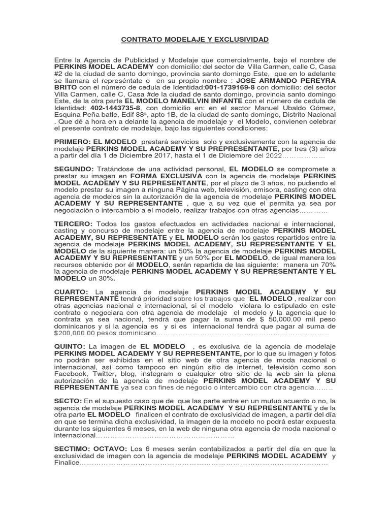 Contrato Modelaje y Exclusividad Manelvin. | PDF | Business