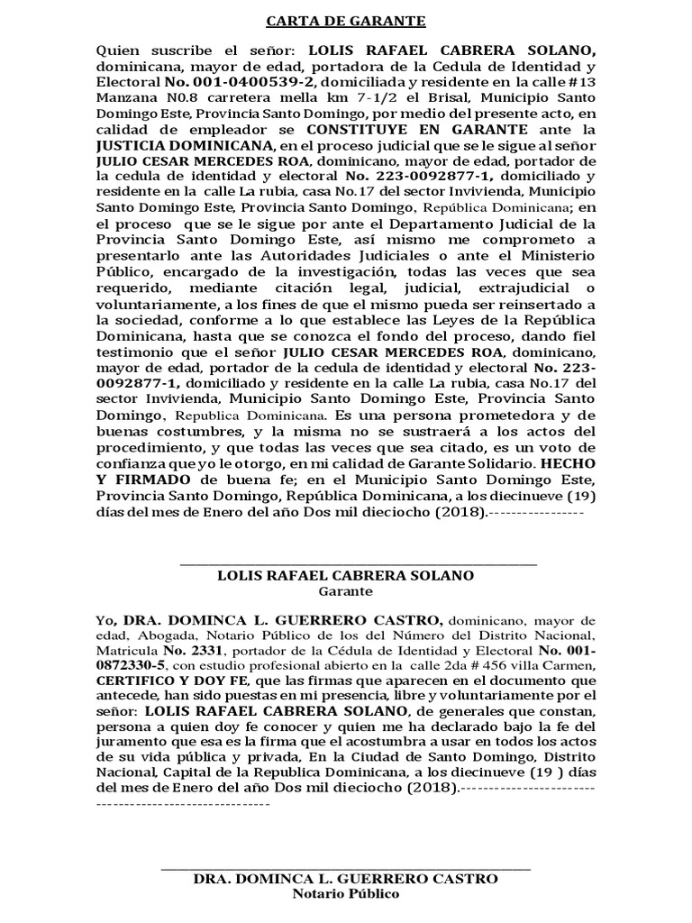 Carta de Garante Julio | PDF | República Dominicana | Justicia