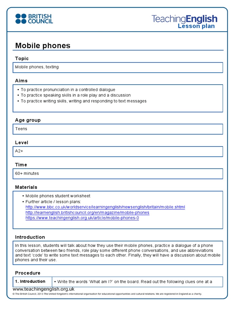 Mobile Phones Lesson Plan for Teens | PDF | Text Messaging | Conversation