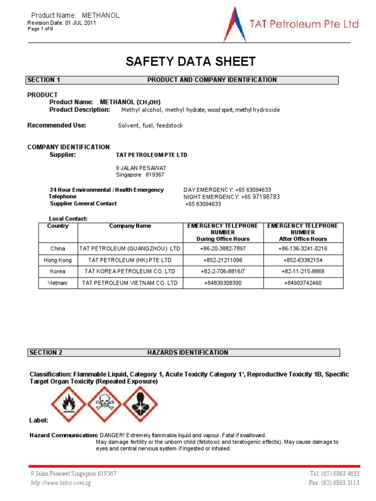 Methanol Sds | PDF | Methanol | Fires