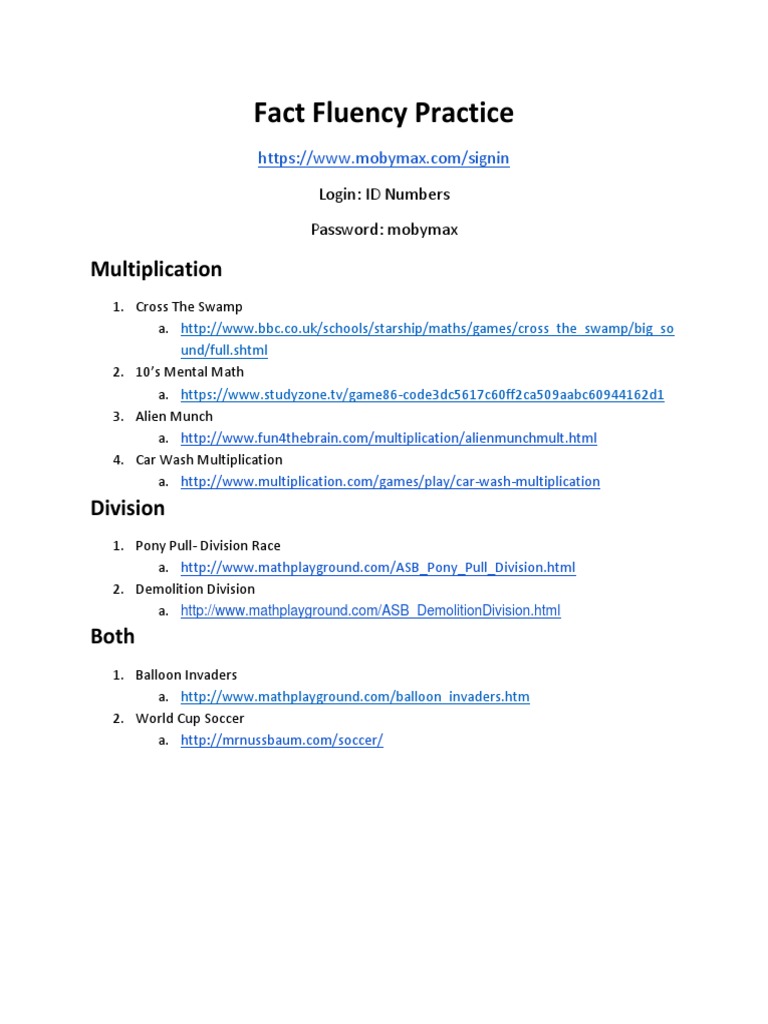 Fact Fluency Practice | PDF | Games & Activities | Computers