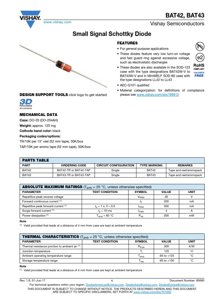 BAT42, BAT43: Vishay Semiconductors | PDF | Diode | Disclaimer