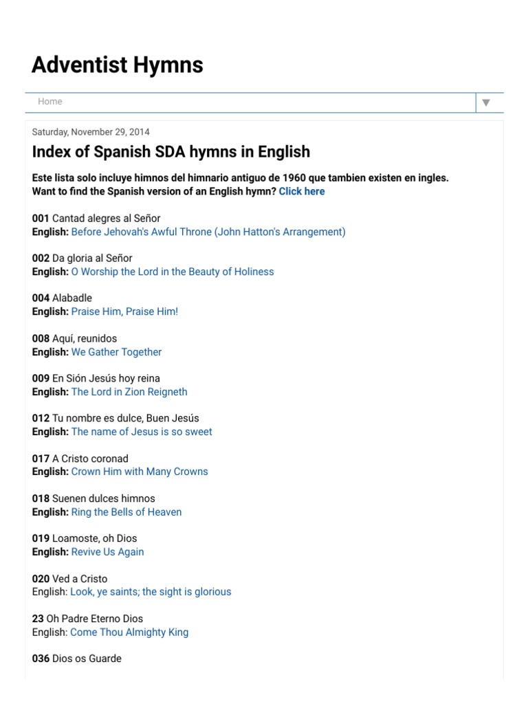 Adventist Hymns - Index of Spanish SDA Hymns in English | PDF ...