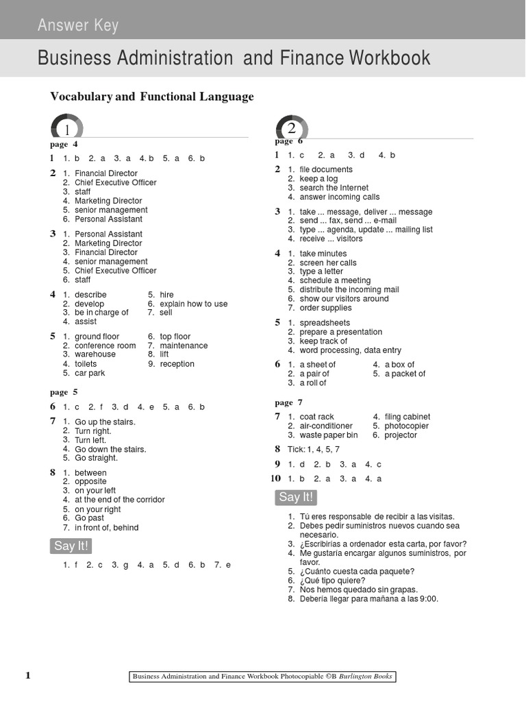 Business Administration and Finance Workbook: Answer Key | PDF | Business
