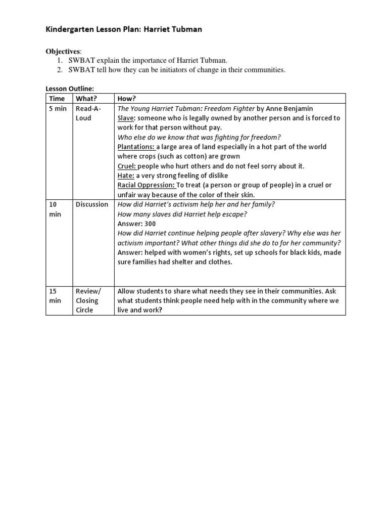 Kindergarten Lesson Plan: Harriet Tubman: Objectives | PDF