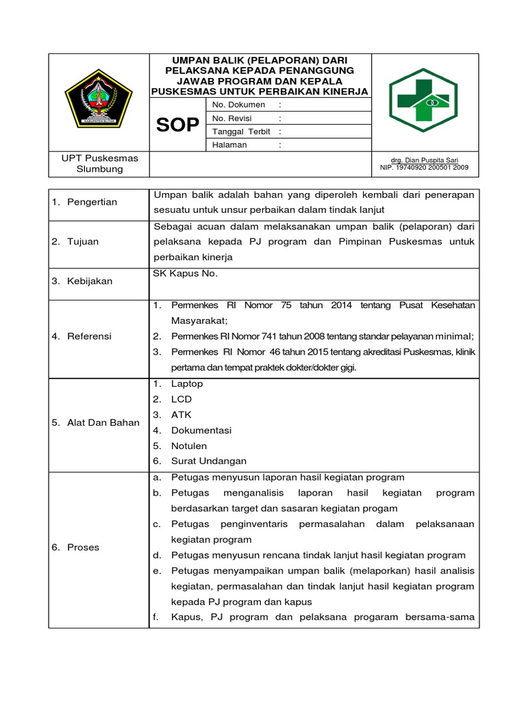 Sop 2.3.9.3 Umpan Balik (Pelaporan) Dari Pelaksana Kepada Penanggung Jawab Program Dan Kepala ...