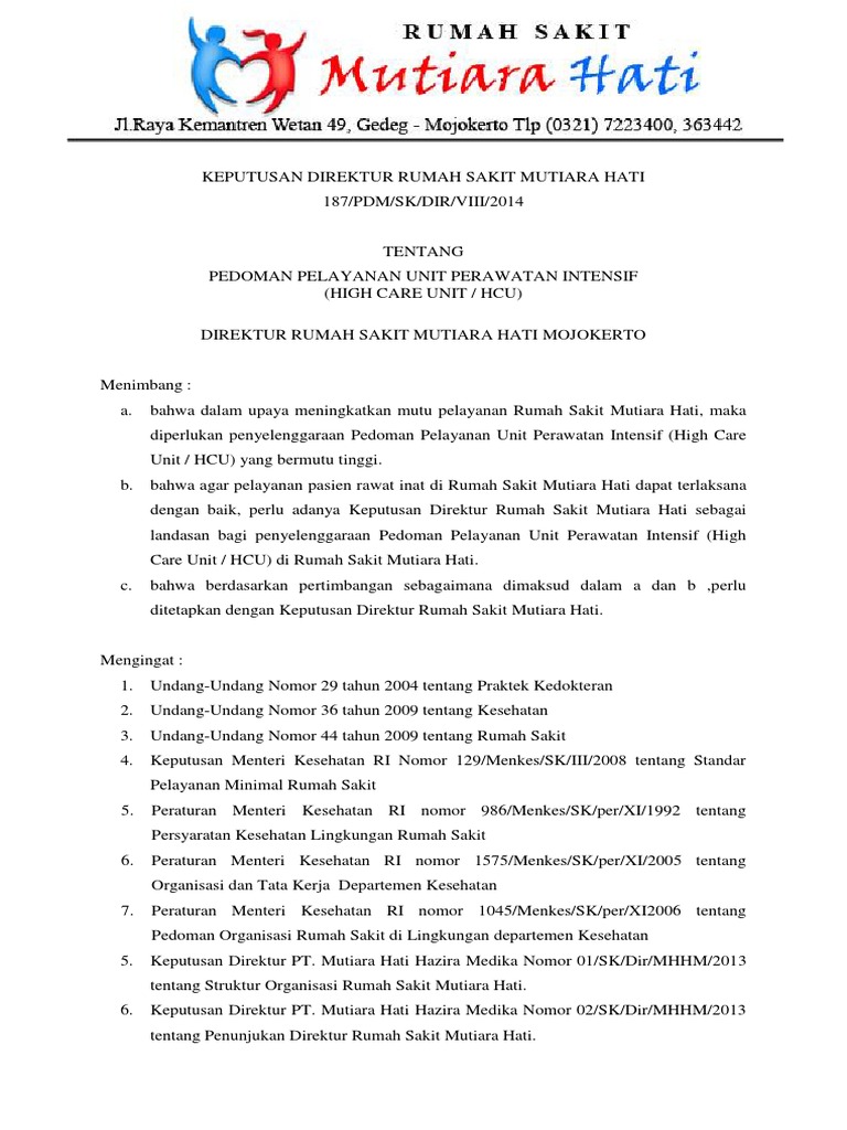 SK Per Pedoman Pelayanan Hcu RSMH | PDF